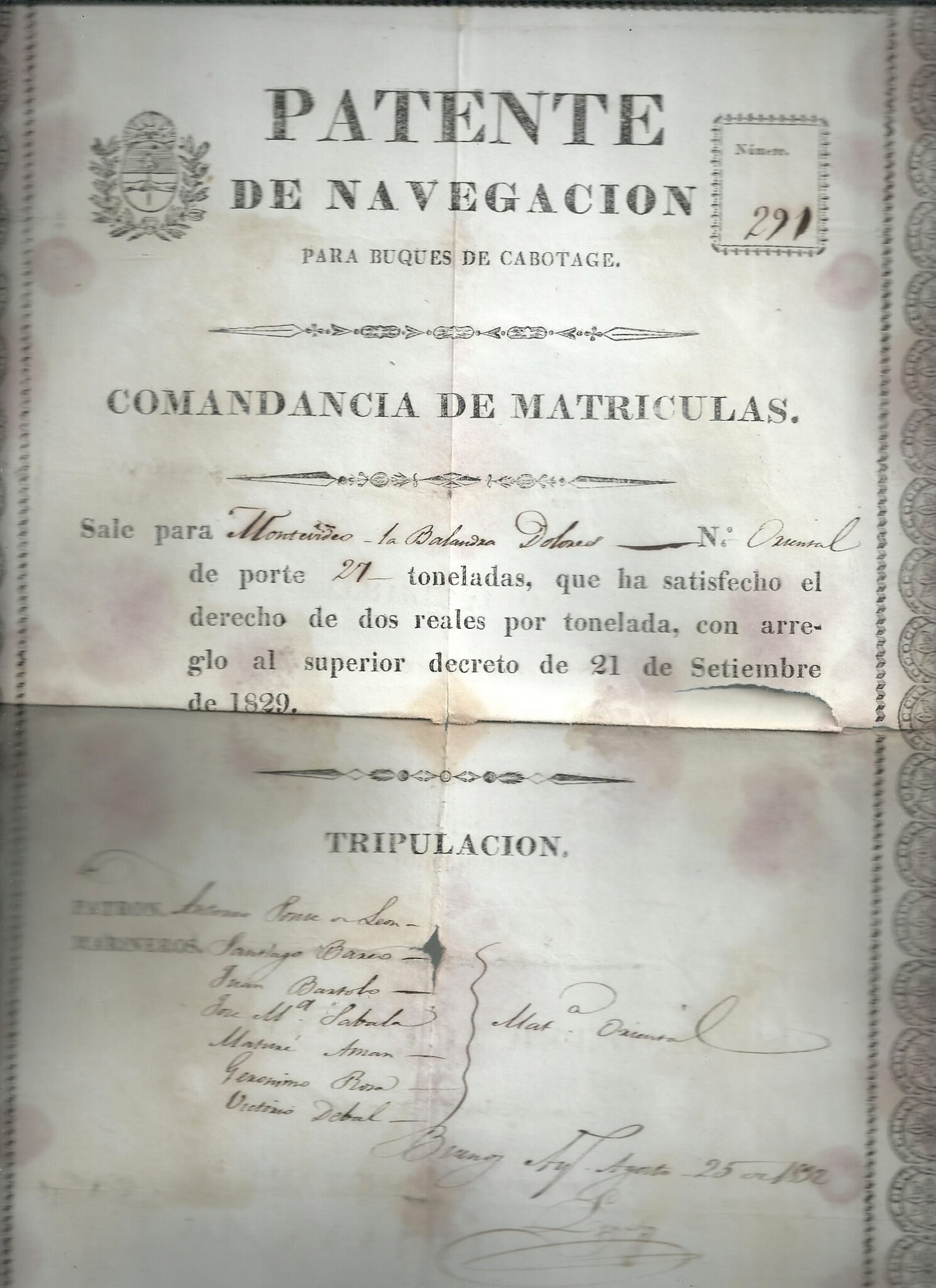 PATENTE DE NAVEGACION PARA BUQUES CABOTAGE 1829